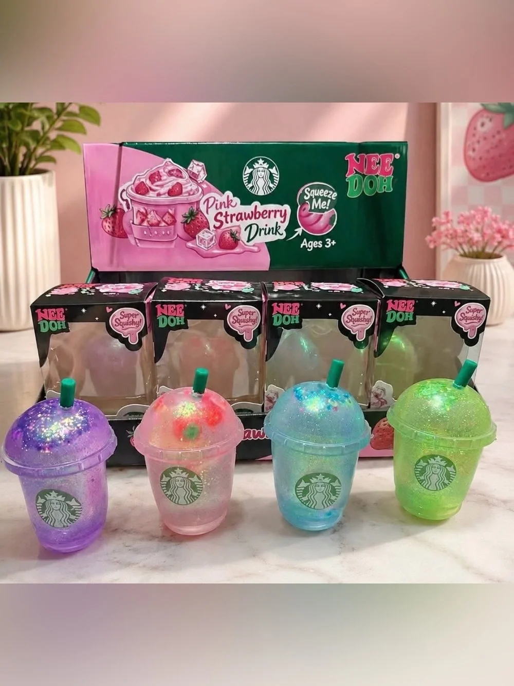 Toys | Needoh Pink Strawberry Drink Starbucks Squishy Toy Glitter Cup ...